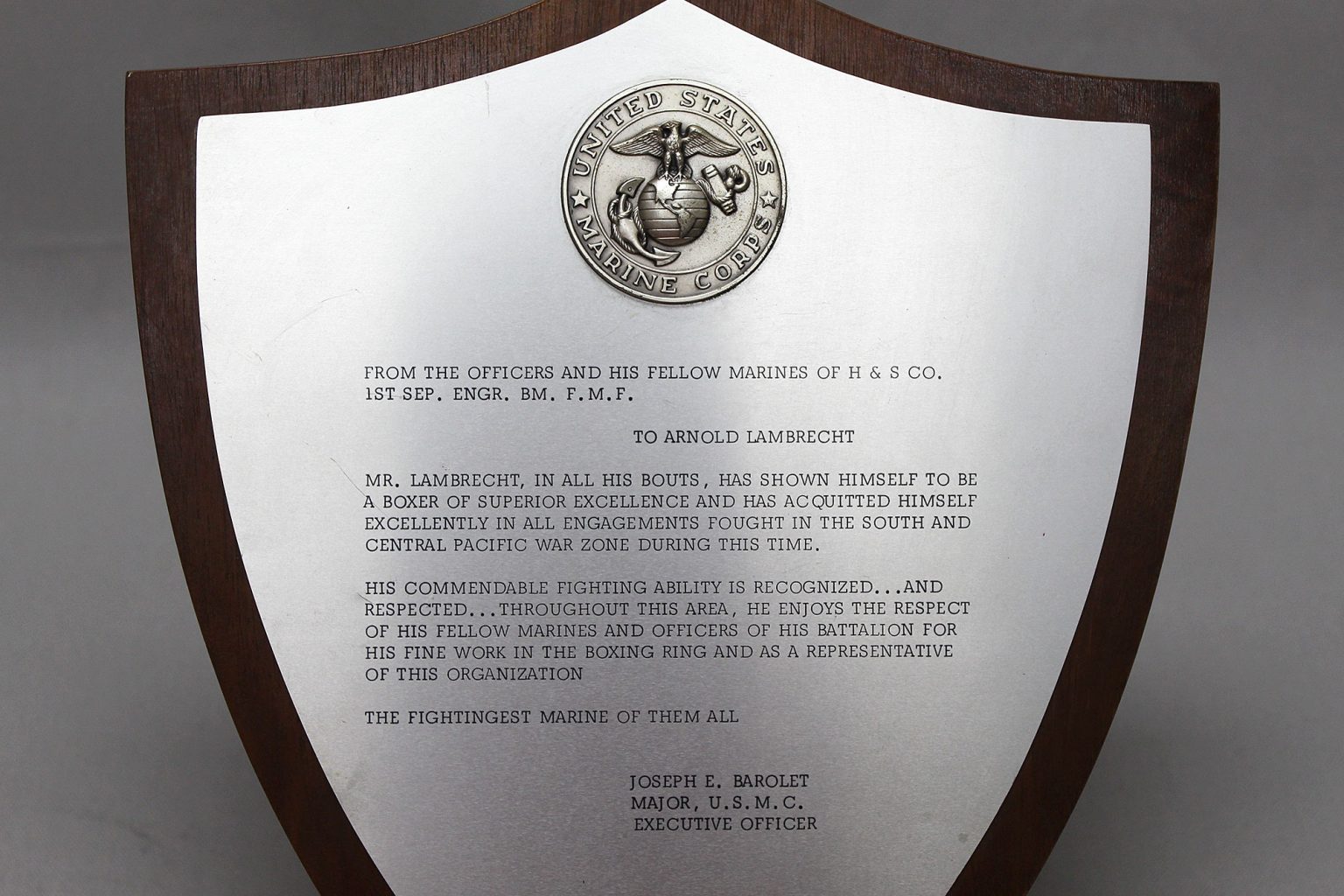 USMC Boxing Plaque with Papers . FLU1561 - Time Traveler Militaria