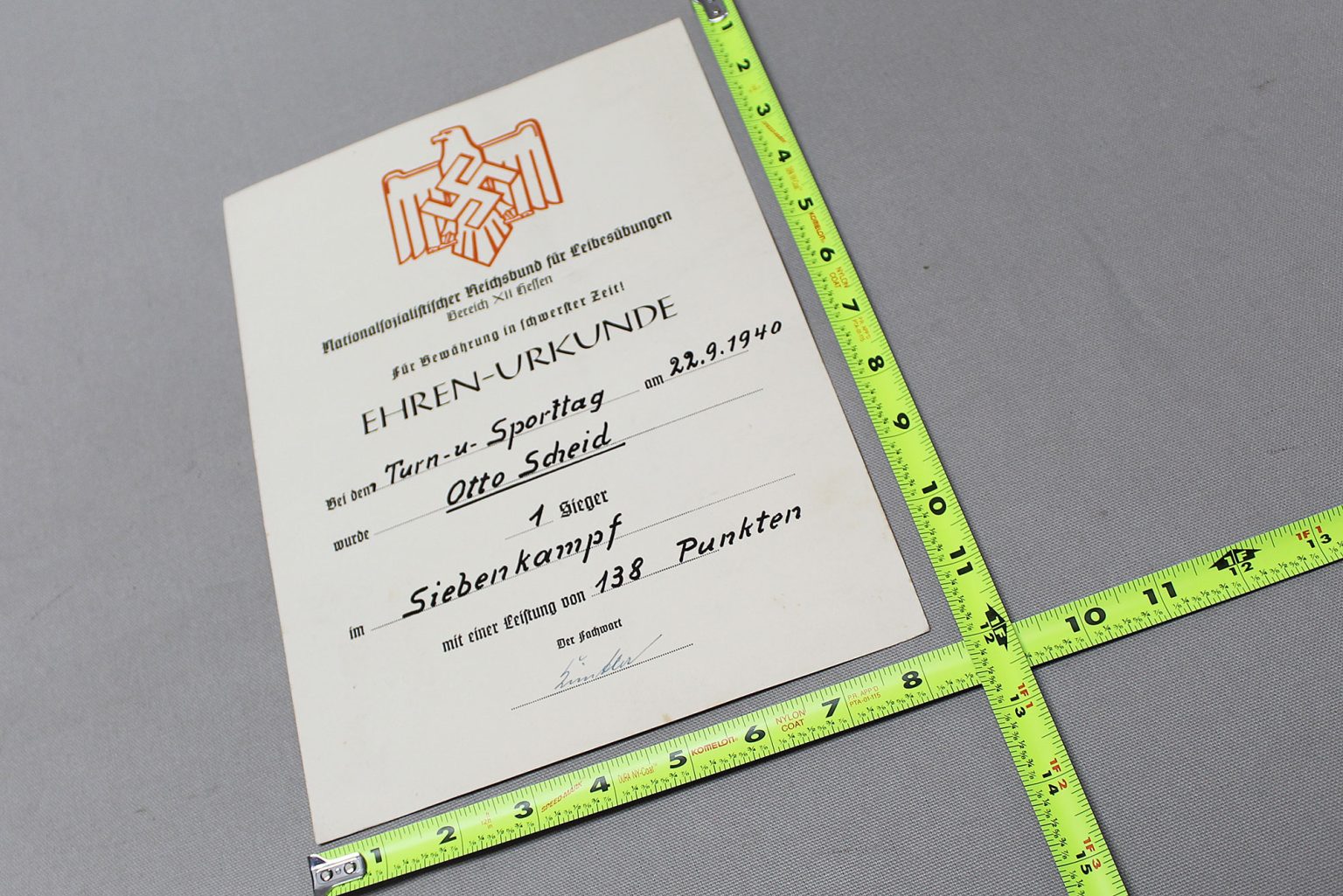 WW2 German Sports Document 1940 . GD3039 - Time Traveler Militaria