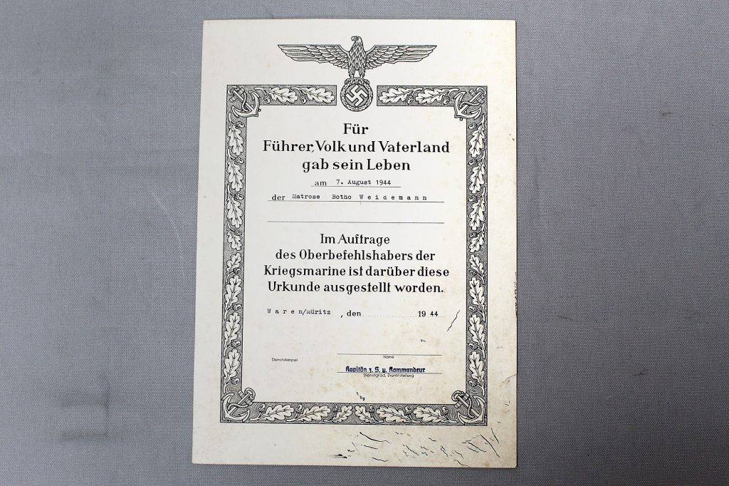 WW2 German Kriegsmarine Death Certificate 1944 . GD3040 - Time Traveler ...