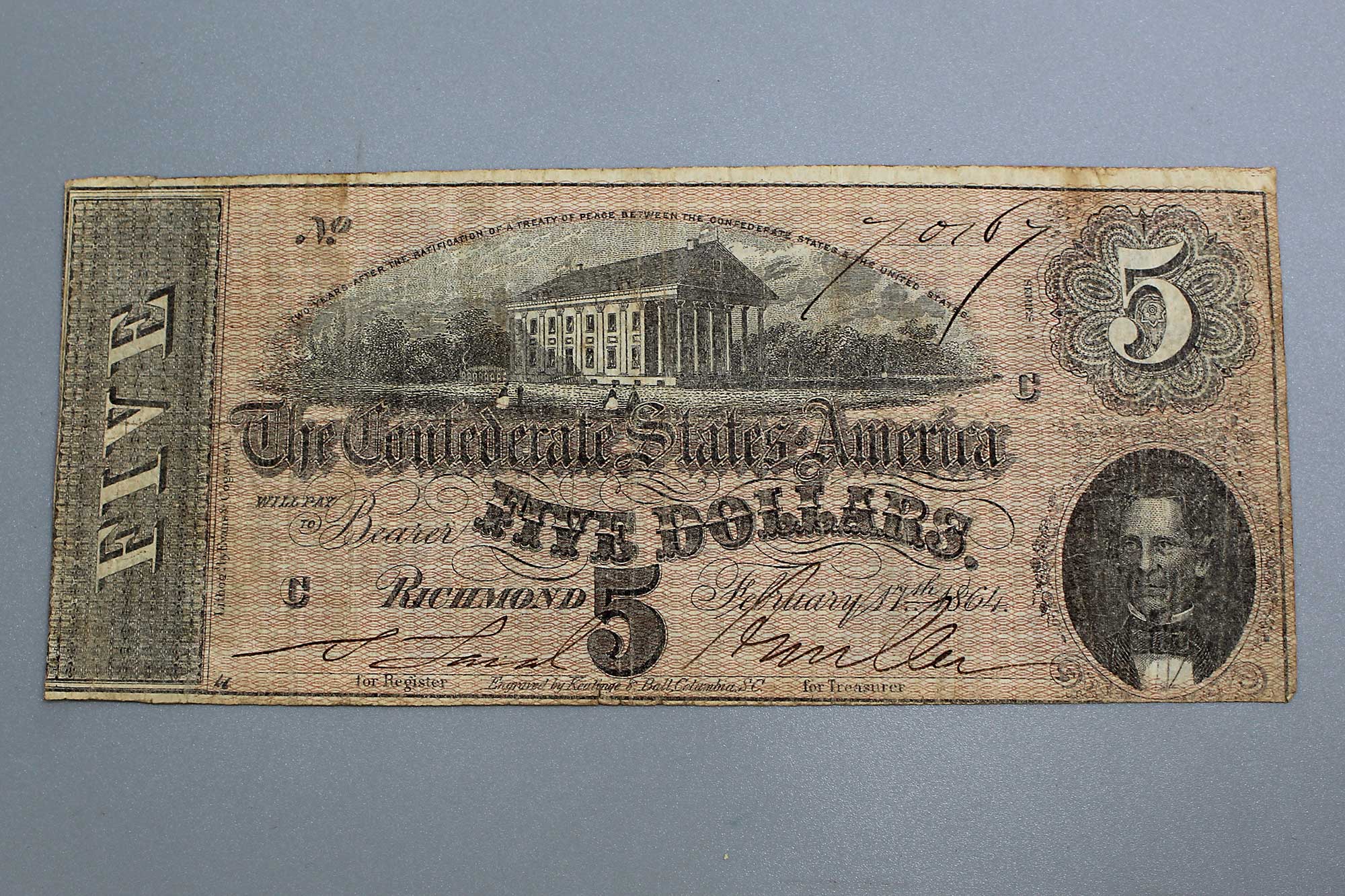 American Civil War CSA 1864 $5 Note . CWM269 - Time Traveler Militaria